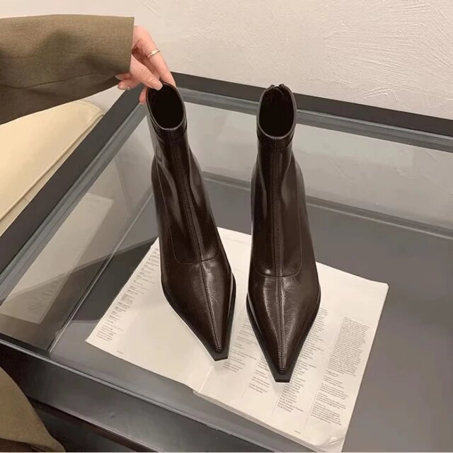 MOOCIE 2025 Новые женские ботильоны, сексуальные, с острым носком, короткие, модные, повседневные, на тонком высоком каблуке, однотонные, на шпильке