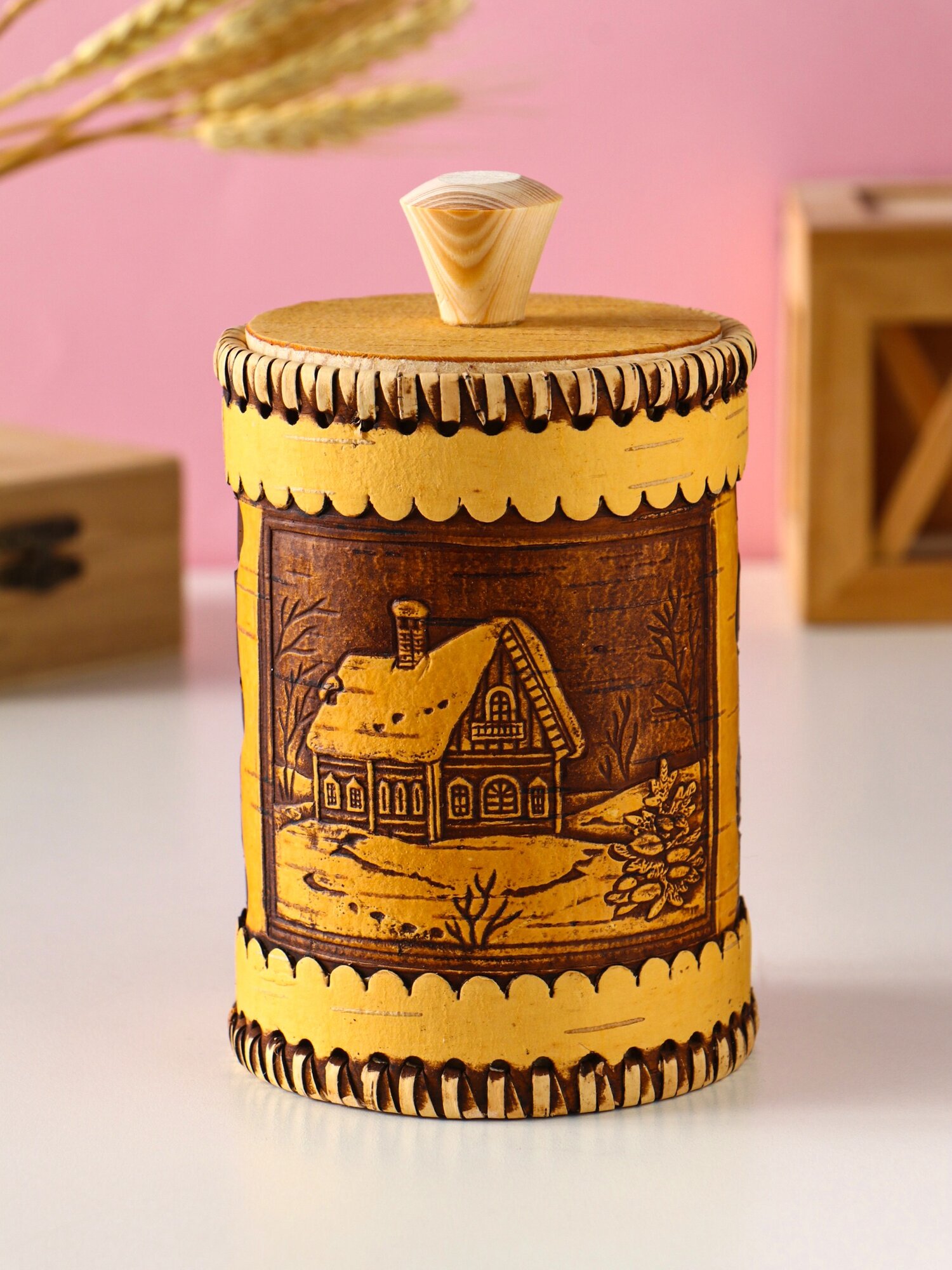 Туес шитый для хранения "Домики", D8смхH(с хватком)14см, береста