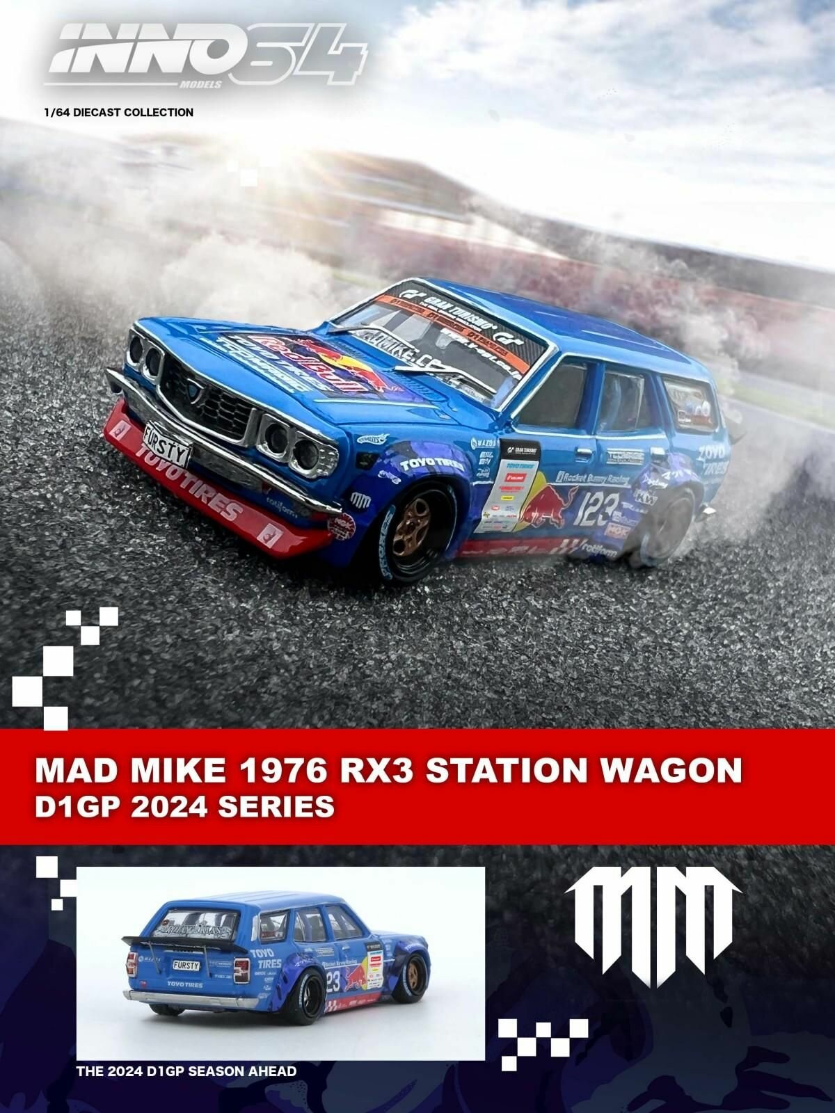 Машинка INNO 1/64 MAD MIKE 1976 MAZDA RX3 Station Wagon D1GP 2024 Die-cast Alloy Model Collection Gift