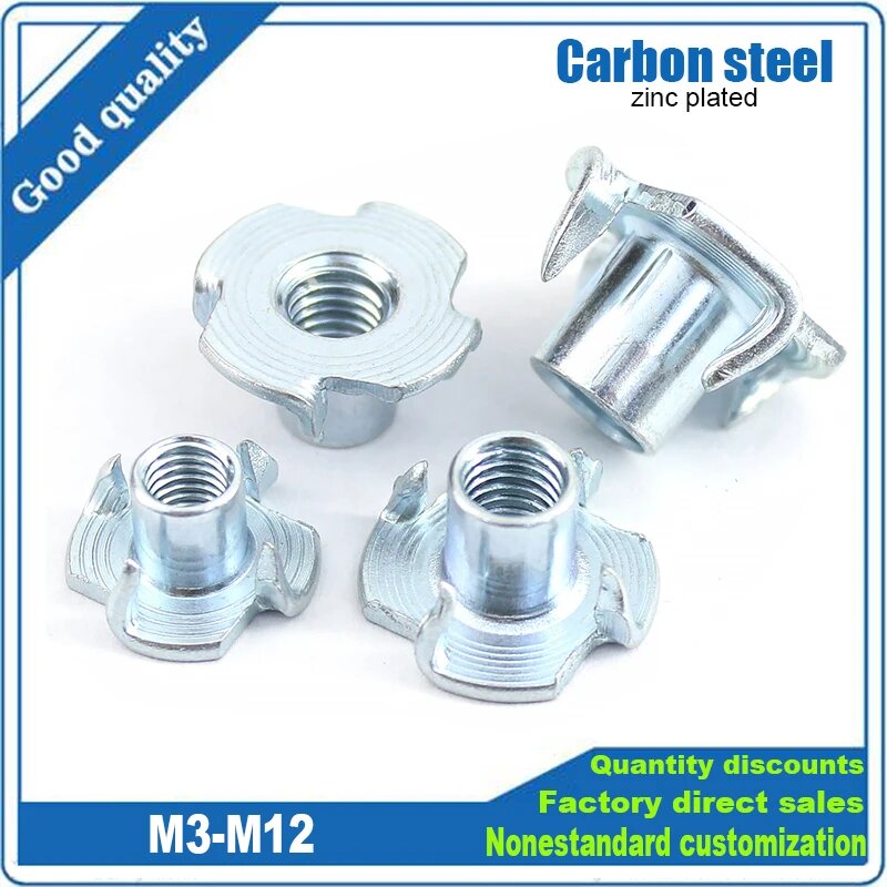 5/10/20 шт. M3 M4 M5 M6 M8 M10 M12 утолщенная углеродистая сталь, гайка для динамика с четырьмя когтями, глухая вставка с зубцами, Т-образная гайка для деревянной мебели