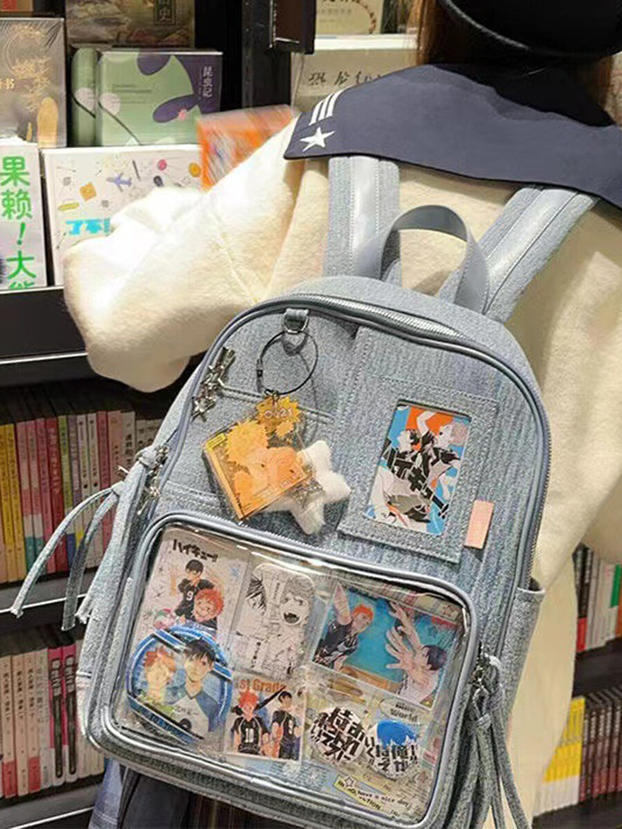 Рюкзак джинсовый голубой, с прозрачным карманом для карт, k-pop