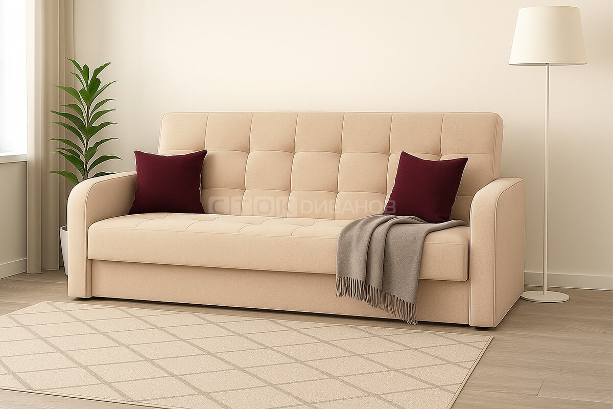 Диван Сток Диванов Диего-2 Cream бежевый велюр 214 см, механизм книжка, с ящиком для хранения