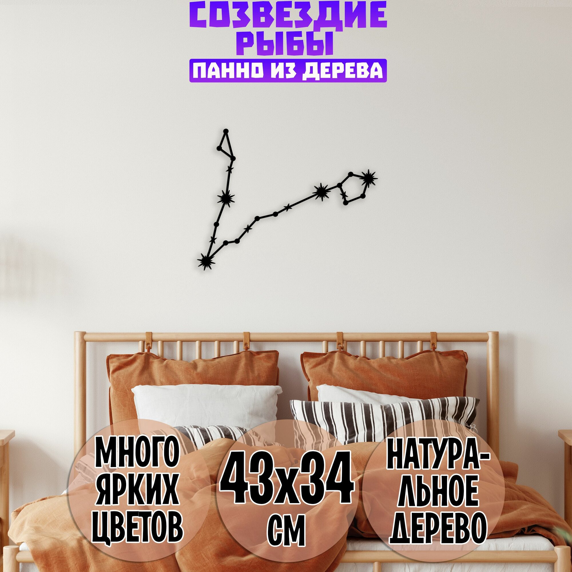 Декор на стену "Рыбы", декорация настенная, панно из дерева (Созвездие, знак зодиака, астрология, гороскоп)