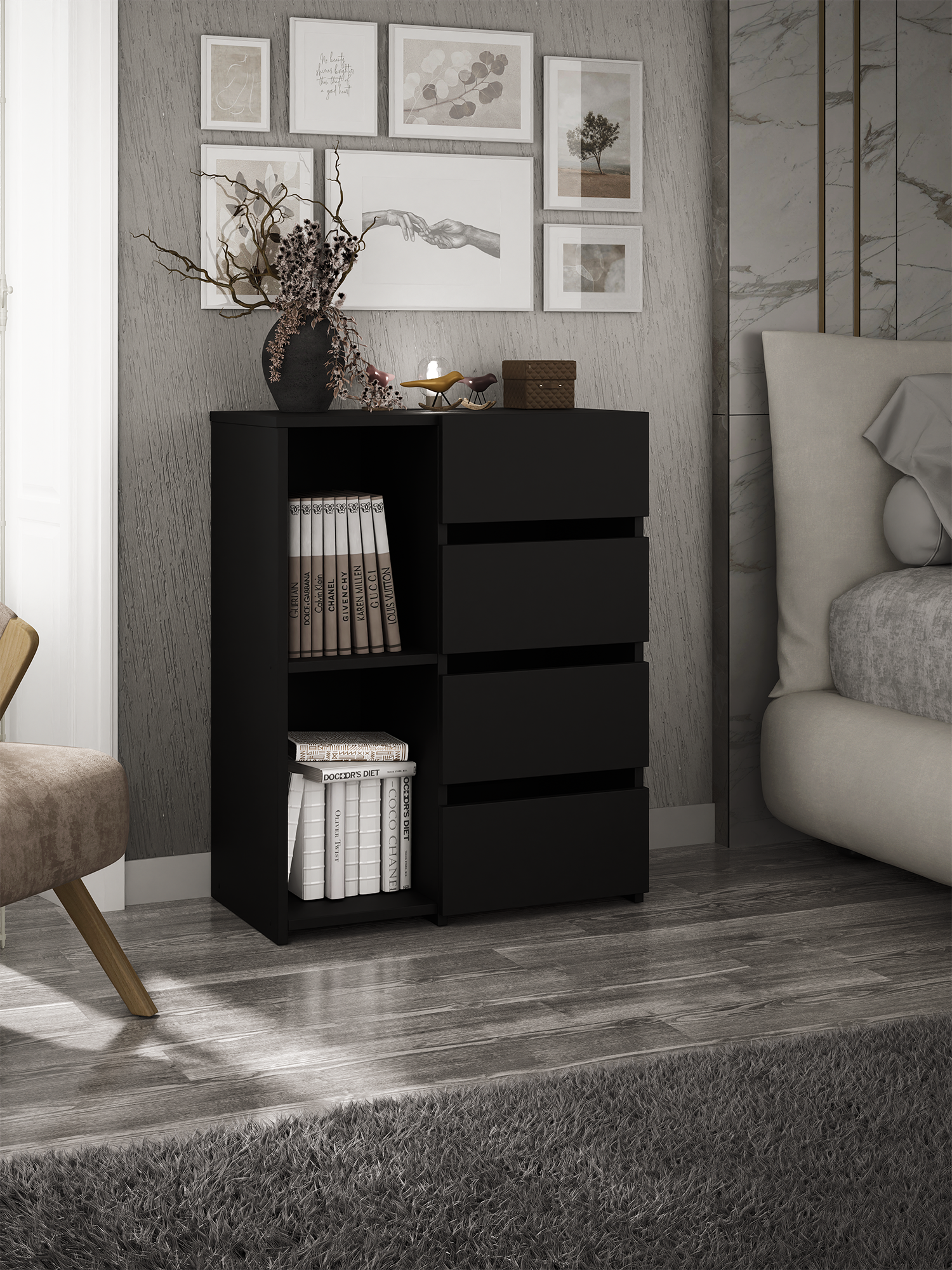 Комод MFMaster Vitto-797, 4 ящика, ЛДСП, чёрный, для гостиной/спальни/прихожей/комнаты