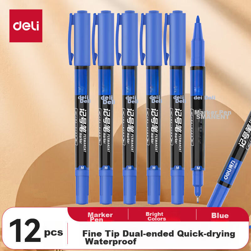 Deli [Back to School Essential] Fine-Tip Dual-Tip 0.5mm/1.2mm Logistics Express Oil-Based Marker Pen, Line Pen, Conference Signing Pen, Marker Pen, Blue, 12 Pcs/box, S831