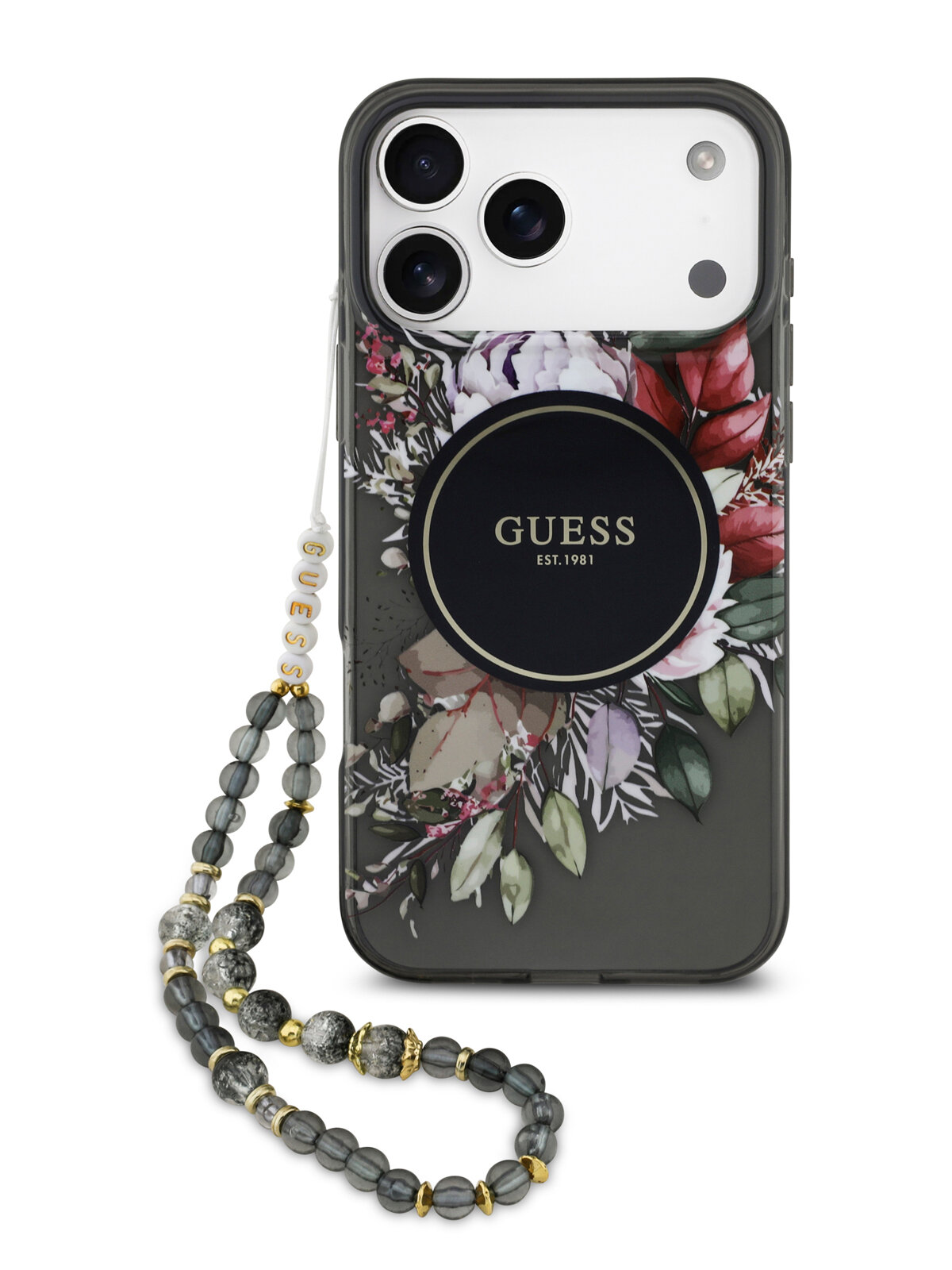 Чехол Guess на iPhone 17 Pro, с магнитами MagSafe, со шнурком на руку, с бортиком вокруг камеры, черный