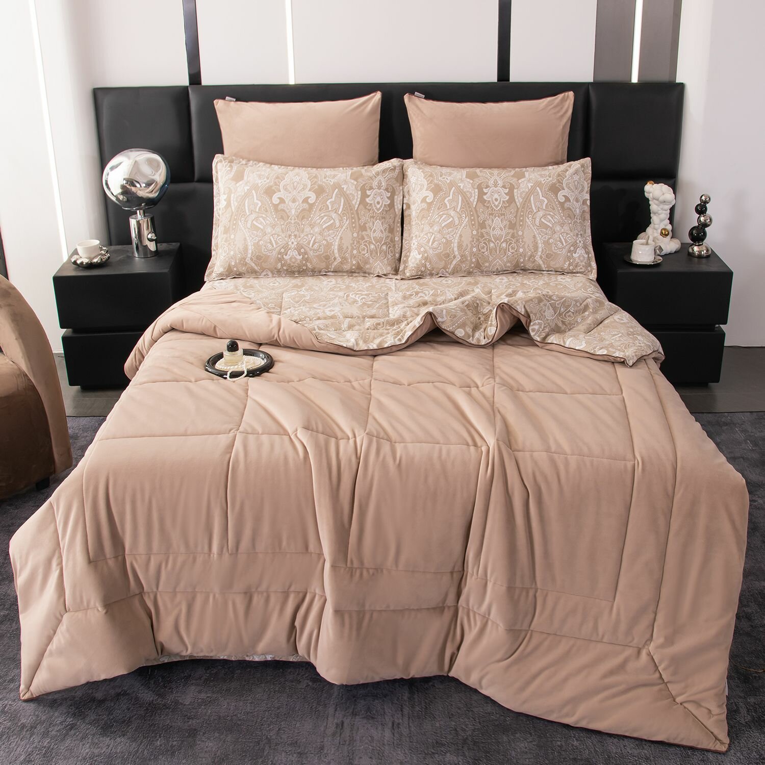 Постельное белье VIVA HOME TEXTILE, евролюкс, сатин/ велюр, комплект, 6 предметов