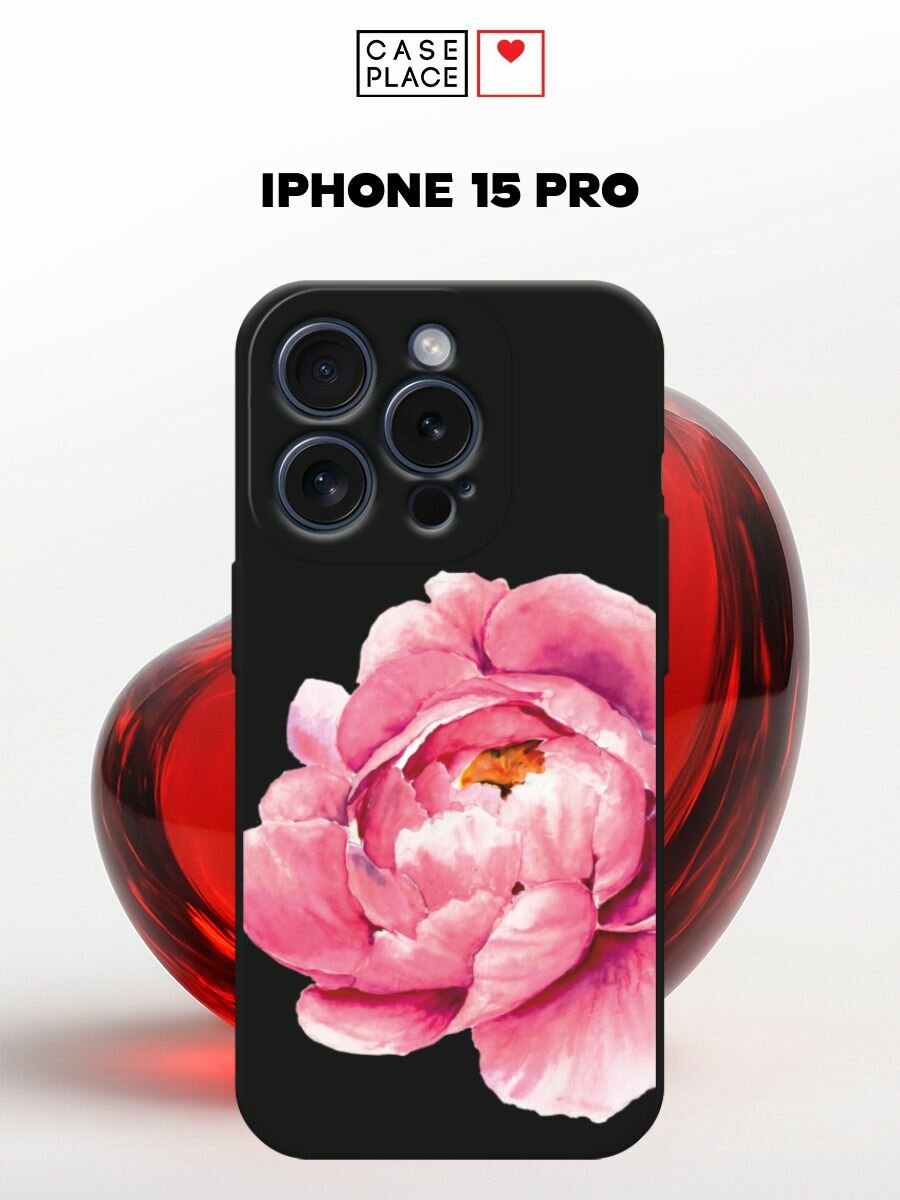 Черный матовый чехол на Apple iPhone 15 Pro / Айфон 15 Про с принтом Большой розовый цветок