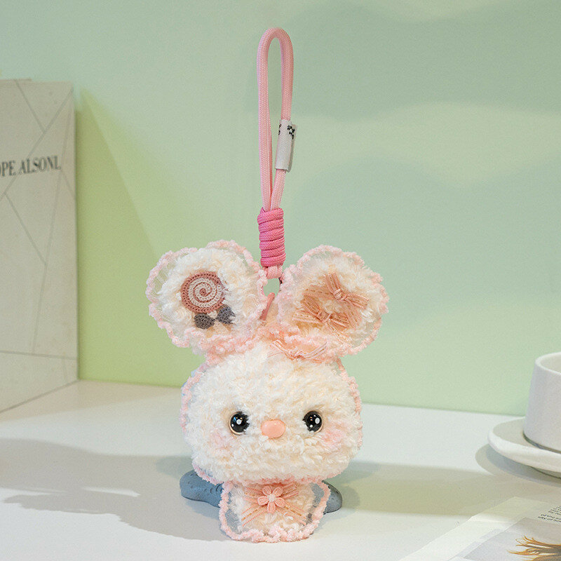 Ключница детская девочка меховая кролик с многоцветным дизайном и коротким плюшем для подарка розовый