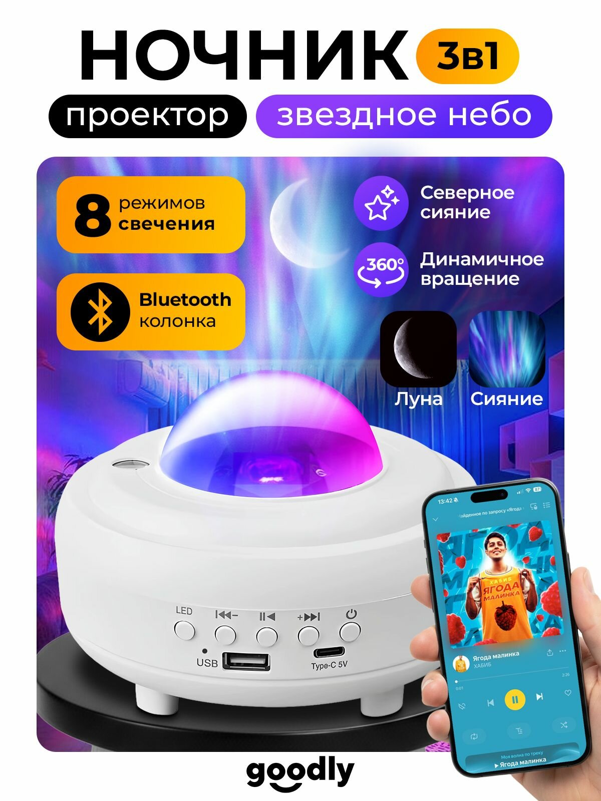 Проектор ночник Goodly Sky Projector, Сияние галактики, Проекция луны, Bluetooth-колонка и MP3-плеер, светильник ночник, лампа, белый
