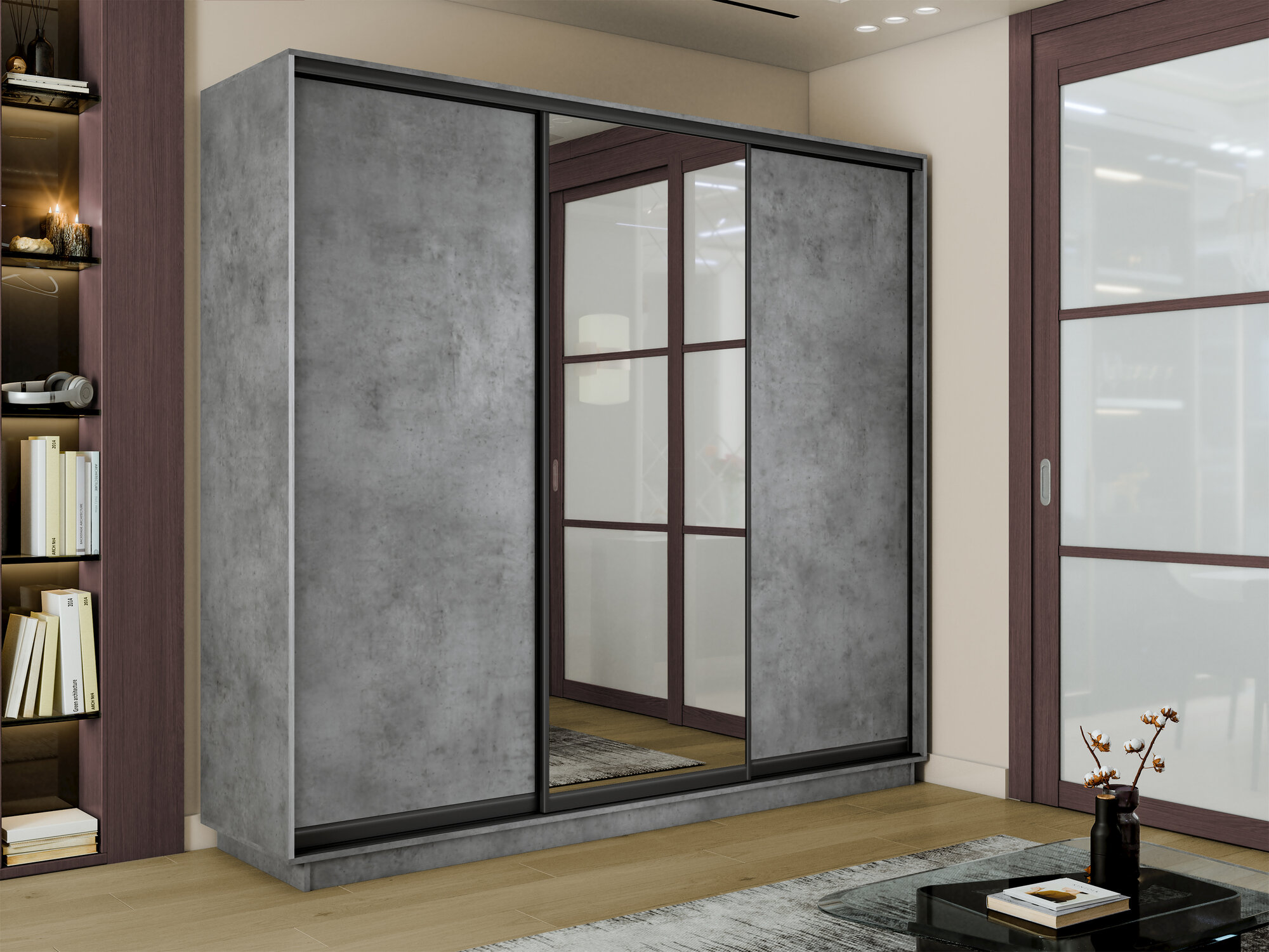 Шкаф купе Вилли 3-х дверный ЛДСП с зеркалом, профиль черный 180 см х 220 см х 60 см (Бетон)