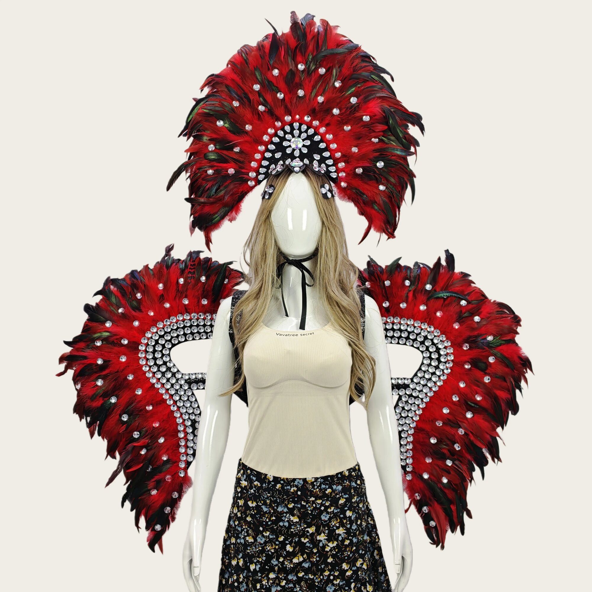 Комплект крыльев и диадема с перьями Красный, red