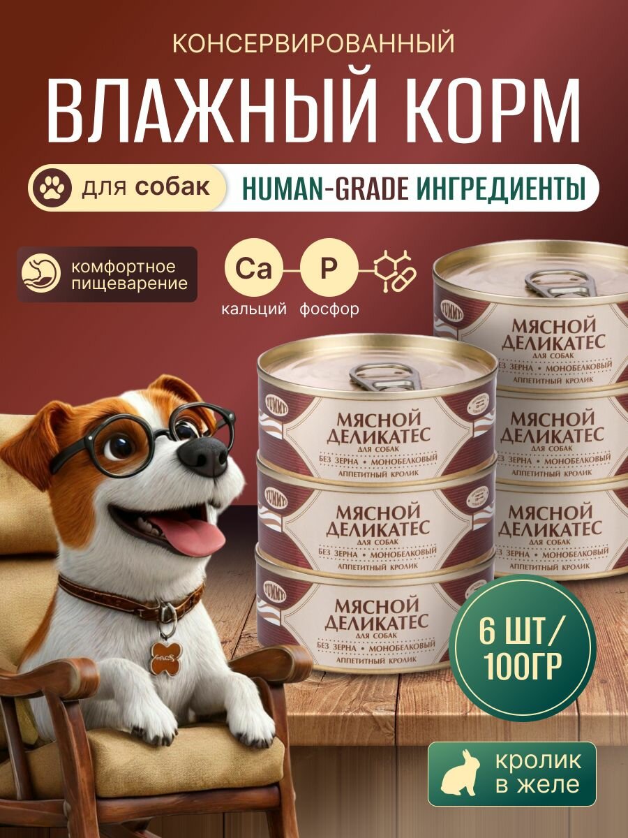Yummy Мясной Деликатес Влажный корм для собак Кролик натуральный в желе, 100 г. * 6 шт.