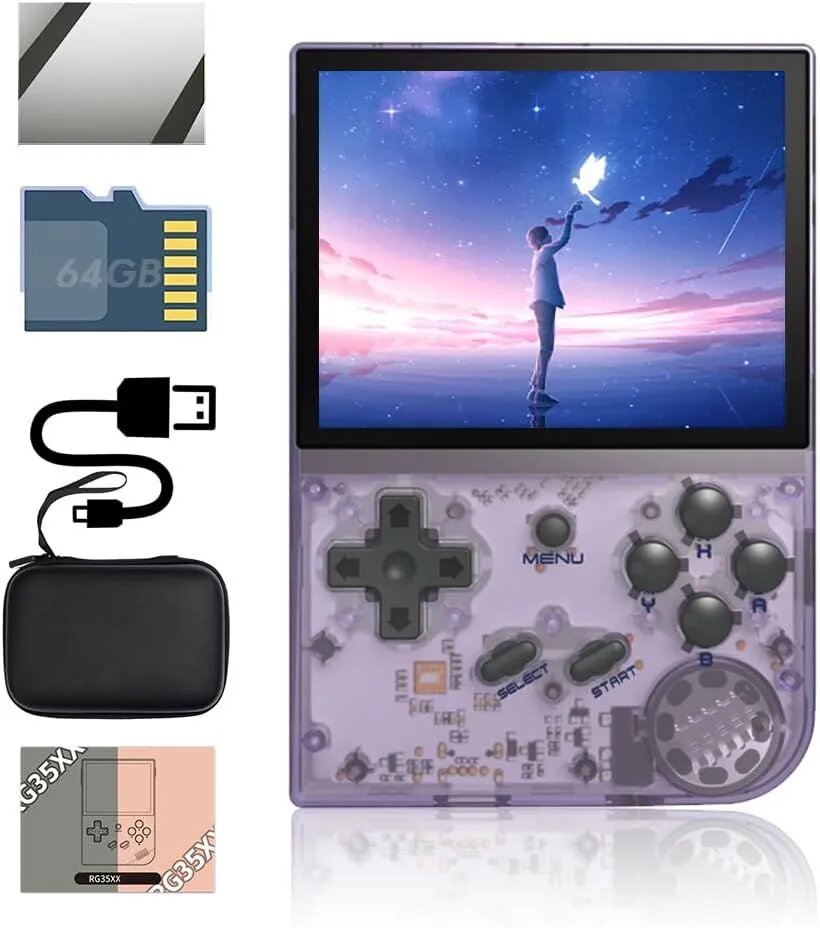 Портативная игровая консол Anbernic RG35XX,3,5" OCA 640*480 Linux-система, Поддерживает телевизионный выход HDMI(64GB TF card) с переносным футляром Фиолетовый