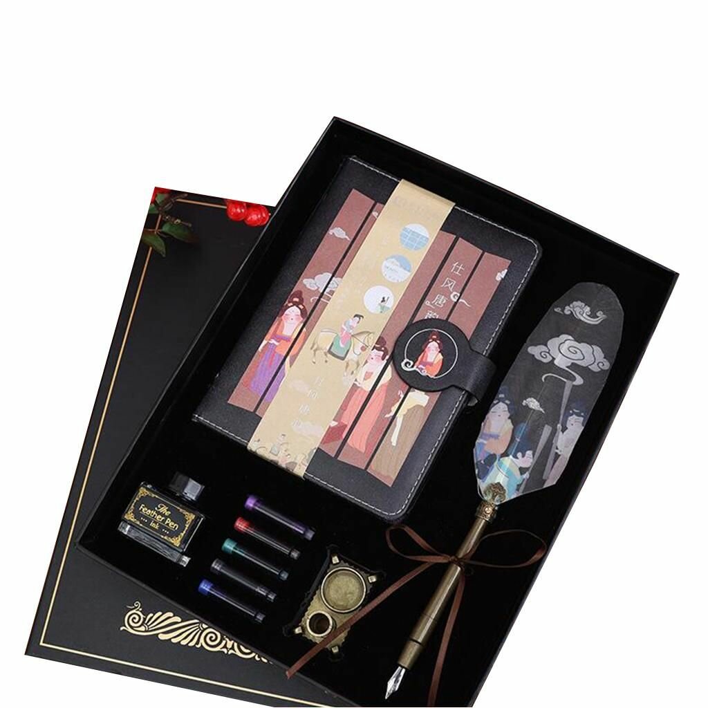 Изысканный ретро -перо набор пера с пером/5 чернильными мешками/племена, Черный