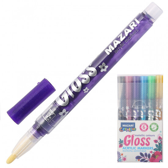 Маркеры-краска в наборе, пулевидные, металлик, 1,0-2,0мм, корпус пластиковый, 6 цветов, Mazari
