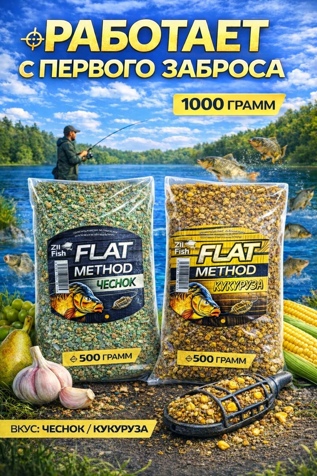 Прикормка "Zil Fish" Flat Method "Чеснок/Кукуруза" 1000г, кукуруза + чеснок, для флэт кормушки и фидера