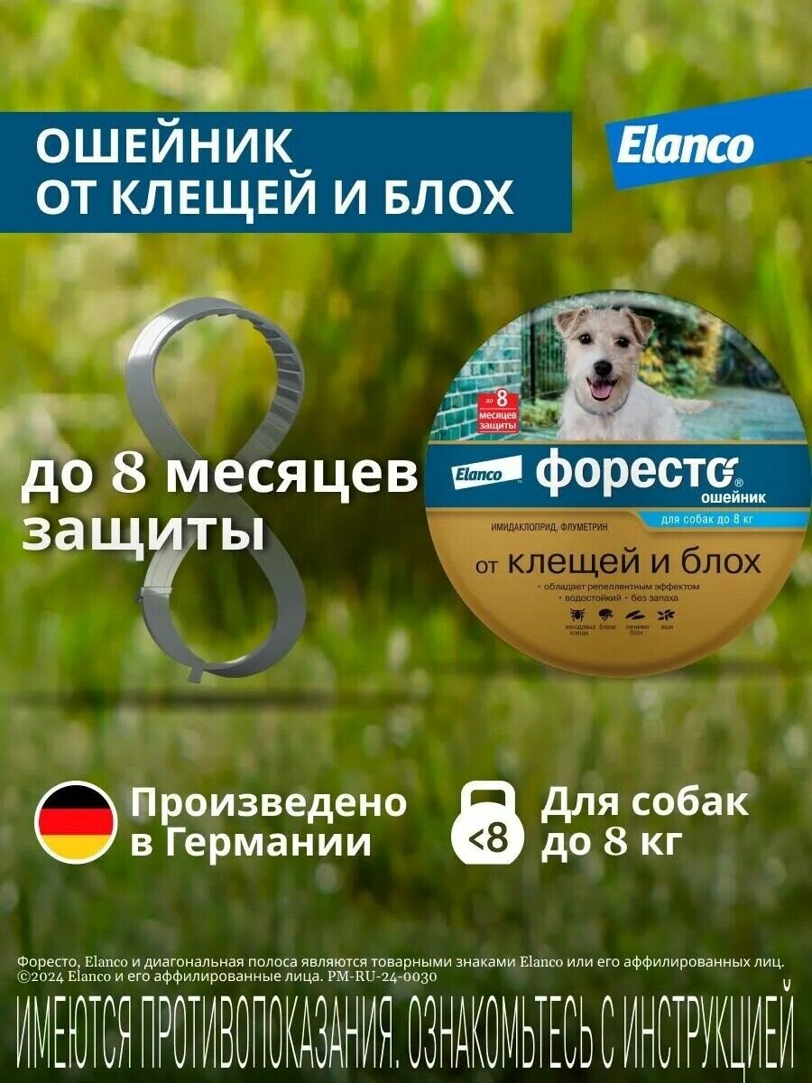 Elanco Ошейник Foresto для собак весом менее 8кг от клещей, блох и вшей, 38 см (1шт)