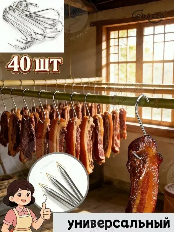 GEALFIS Крюки для подвешивания мяса, набор 40 шт, пищевая нержавеющая сталь 3x130 мм, для сочного шашлыка и идеального копчения