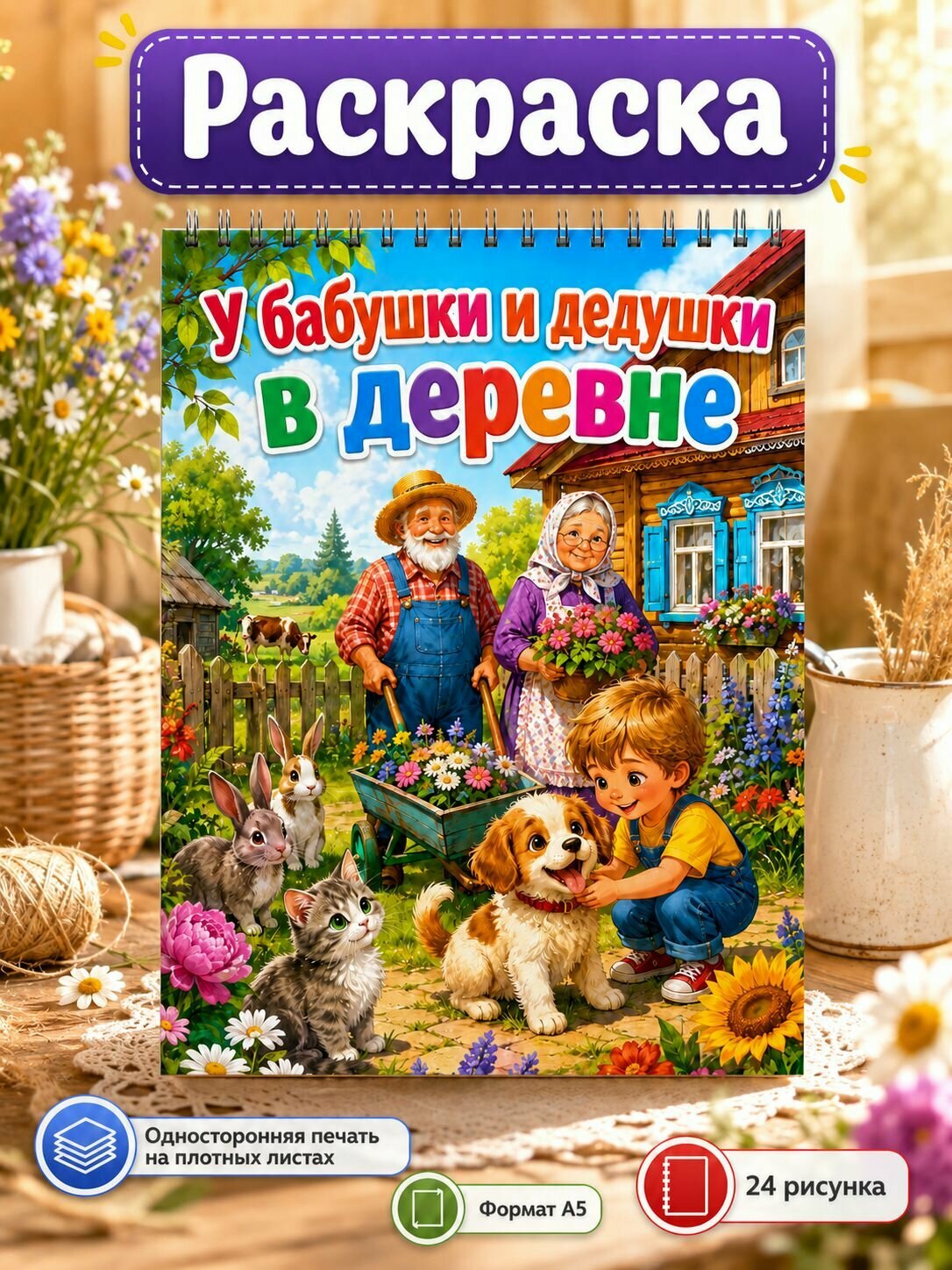Раскраска для детей и взрослых У бабушки и дедушки в деревне