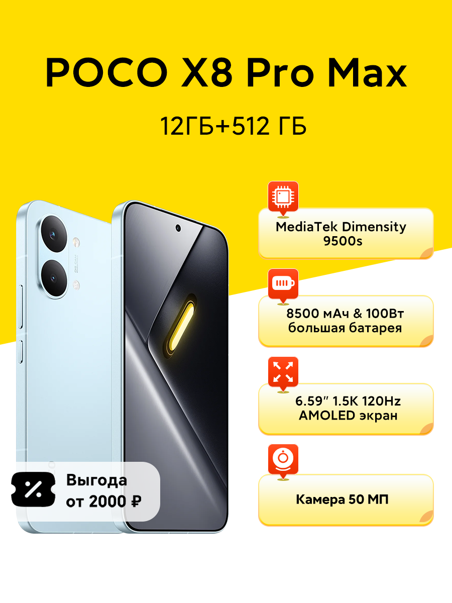 Смартфон Xiaomi POCO X8 Pro Max 12ГБ 512ГБ Синий, Флагманский Dimensity 9500s, 8500 мАч IP69 1.5K 120 Гц дисплей, eSIM