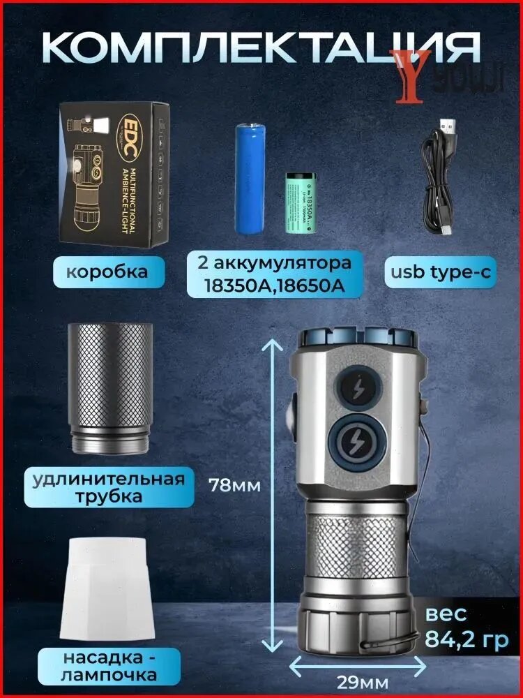 Фонарь ручной 9 режимов работы, металлик, дальность 300 метров, с магнитом — фото 1