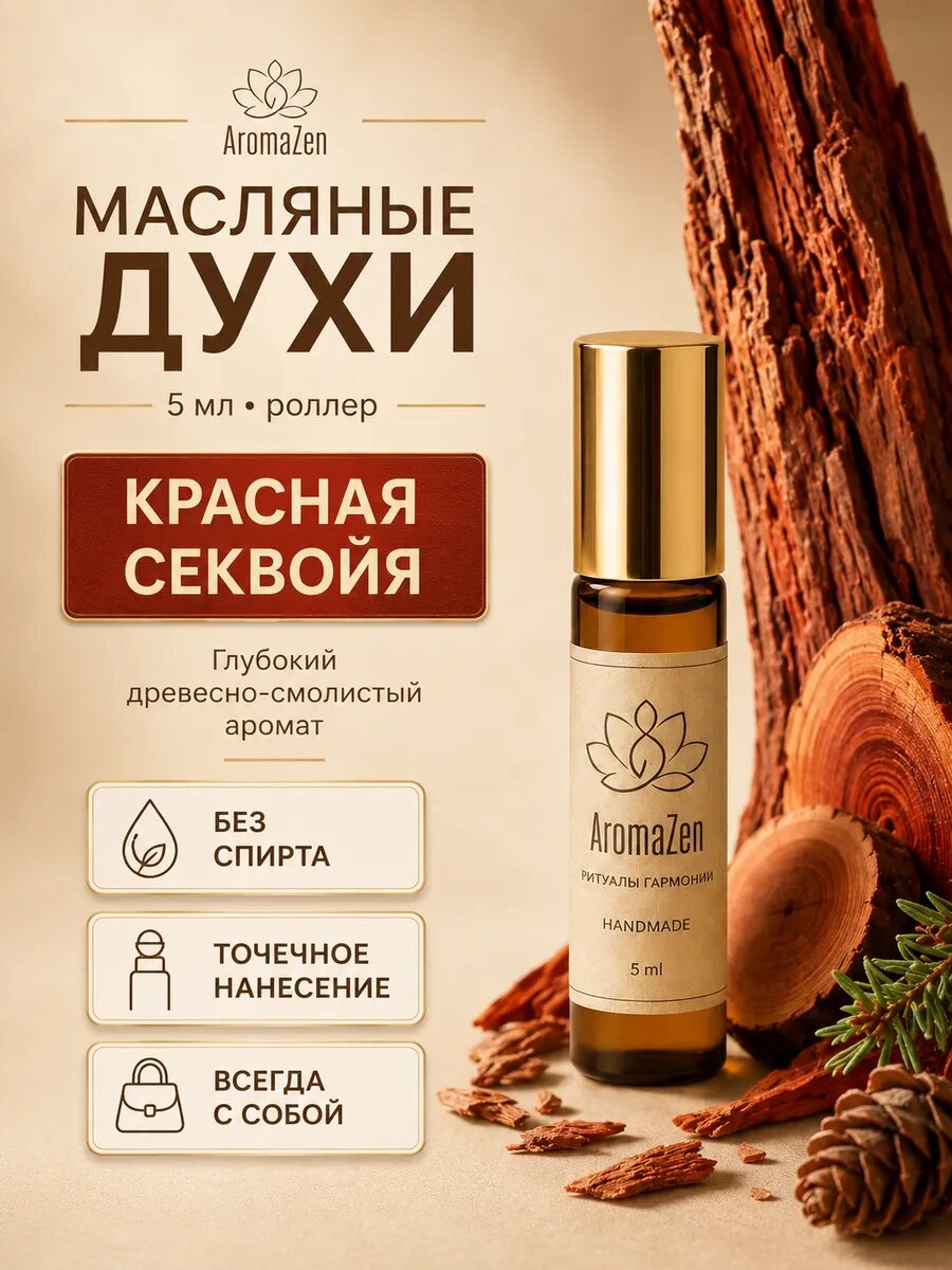 Масляные духи роллер "Красная секвойя", женские, без спирта, шариковые, 5 мл