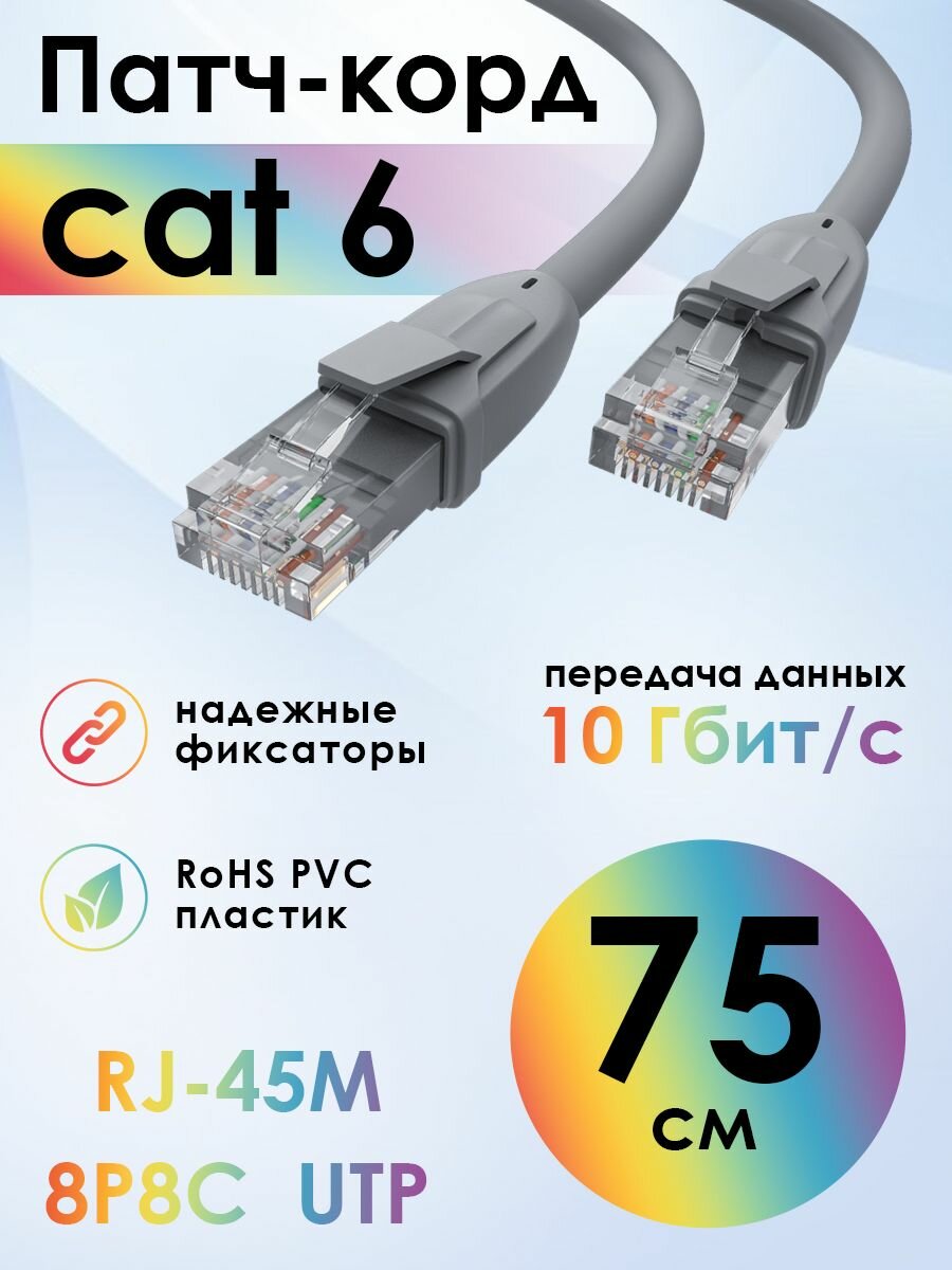 Короткий патч корд 75см KAT.6 4ПХ LAN кабель для подключения интернета 10 Гбит/с серый