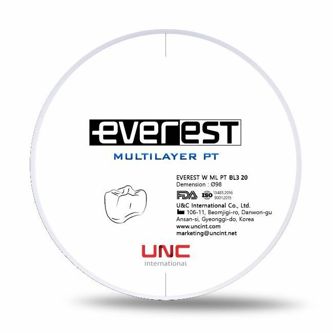 Диск циркониевый Everest Multilayer PT, многослойный, размер 98х20мм, оттенок BL3, UNC Inc (Корея)