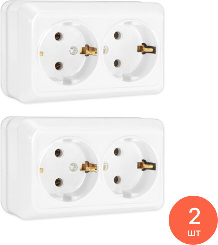 Розетка силовая штепсельная UNIVersal / Юниверсал Олимп 16А 220В ОП белая, 2-местная с заземляющими контактами, О0128 / электрооборудование (комплект из 2 шт)