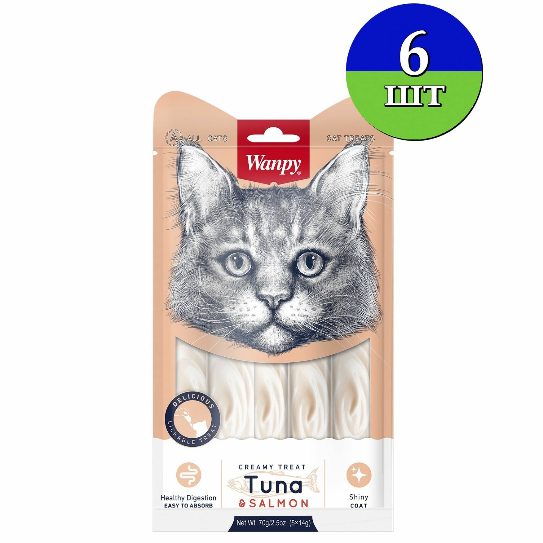 Лакомство для кошек Wanpy Нежное пюре из тунца и лосося, 420 гр (70 гр х 6 шт)
