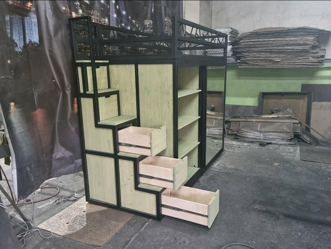 Кровать-чердак, шкаф-купе "EasyLOFT" в стиле лофт, с ящиками для хранения вещей, 150х90х200 см.