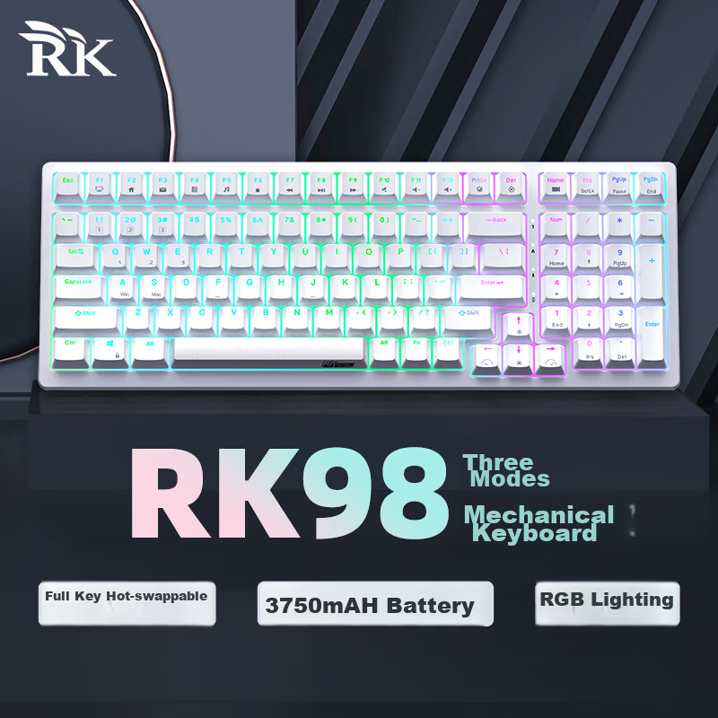 RK98 Mechanical Keyboard, Wireless 2.4G Wired Bluetooth Tri-Mode Keyboard, for Laptop, Home Office, Desktop, Gaming, 100 Keys, 98 Layout, RGB Backlight, White, Brown Switch