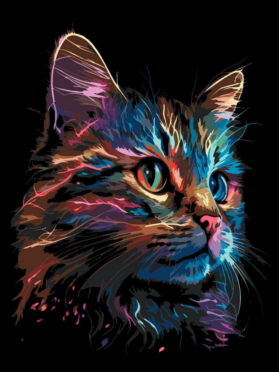 Картина по номерам. На черном холсте. Цветной котик