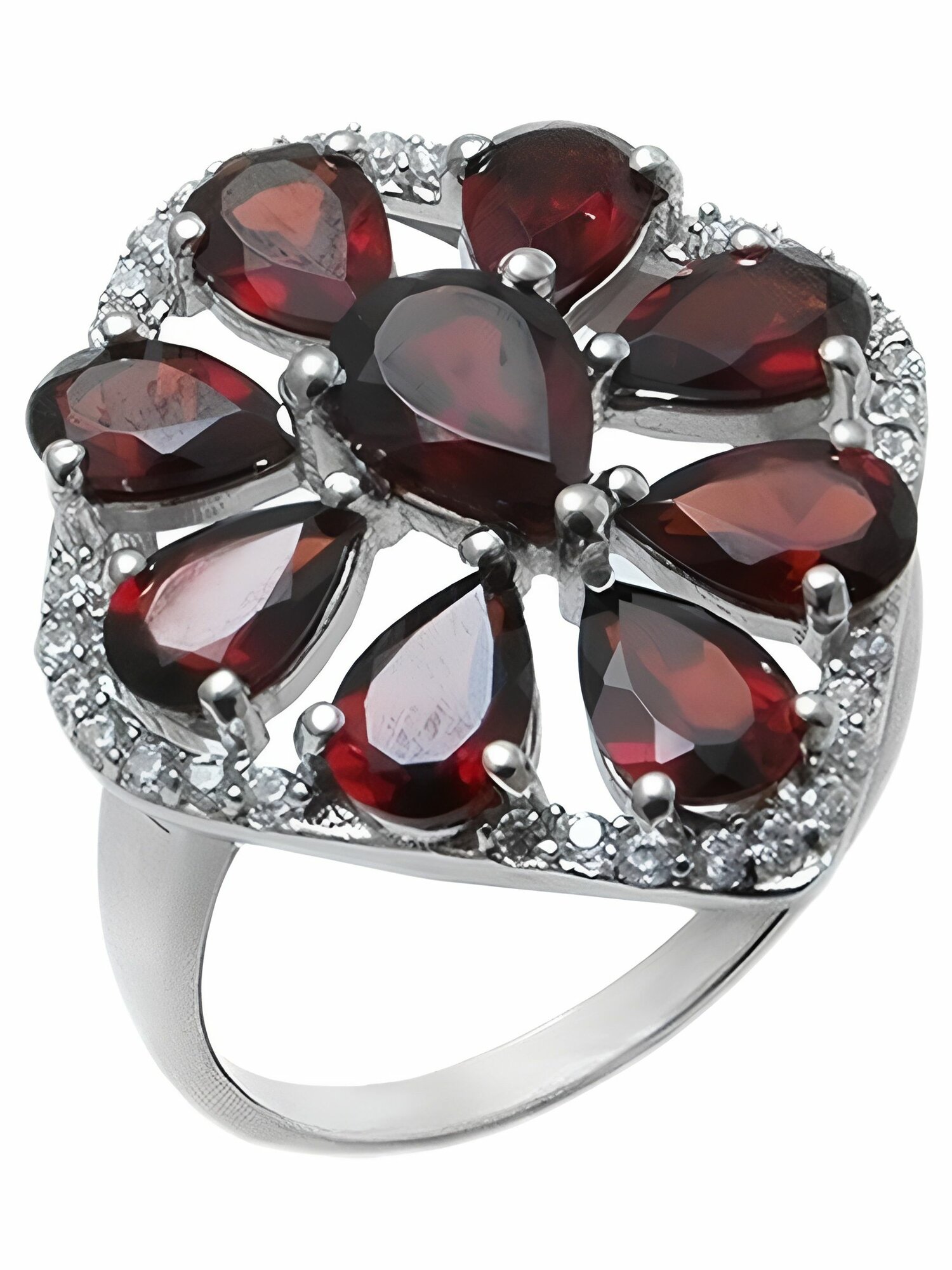 Кольцо тонкое, серебро, 925 проба, родирование, гранат, фианит