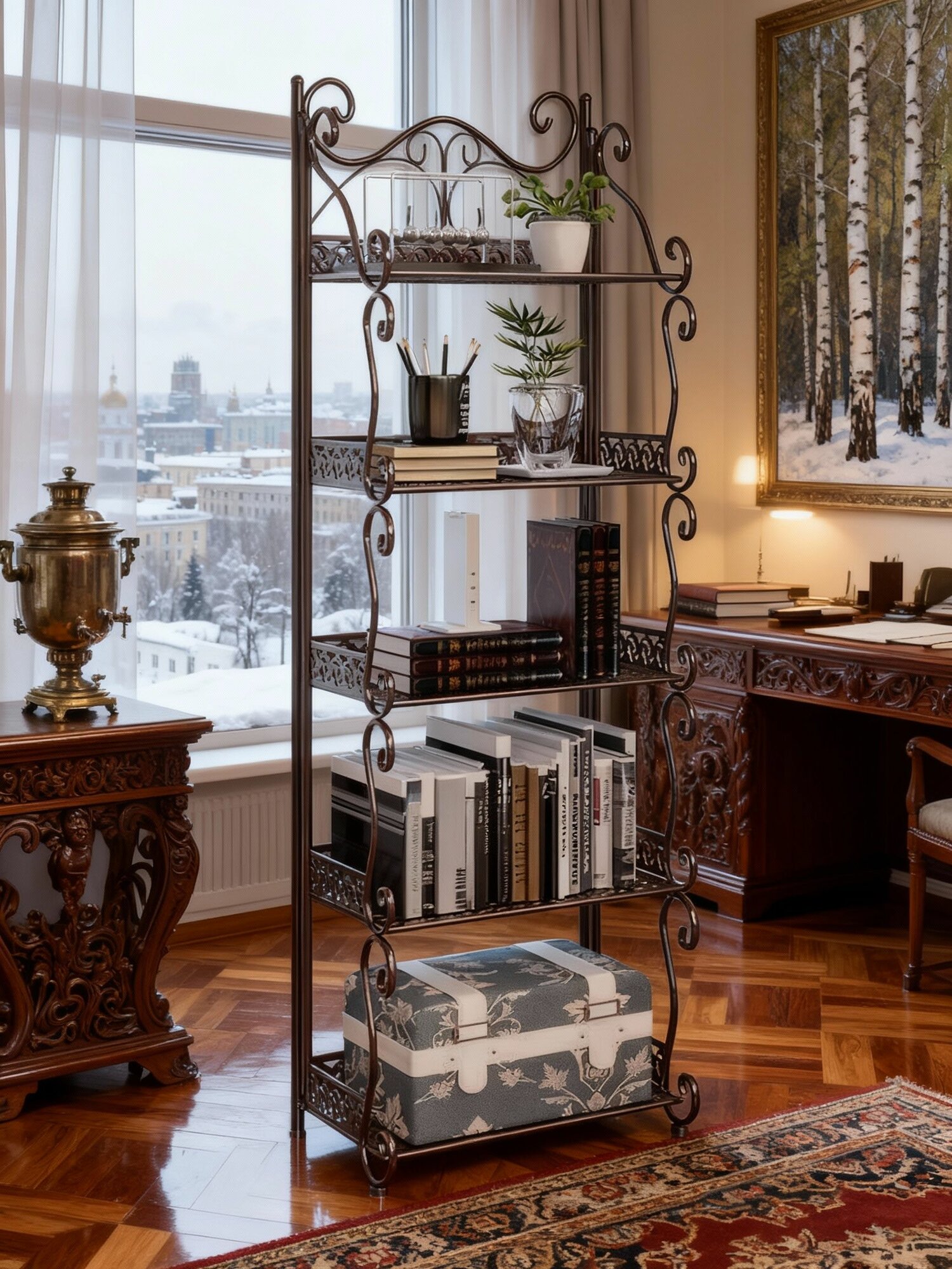 Этажерка многоярусная кованая, напольная полка для спальни, кухни, балкона, стойка для цветов и книг, компактная металлическая конструкция, устойчивая и стильная