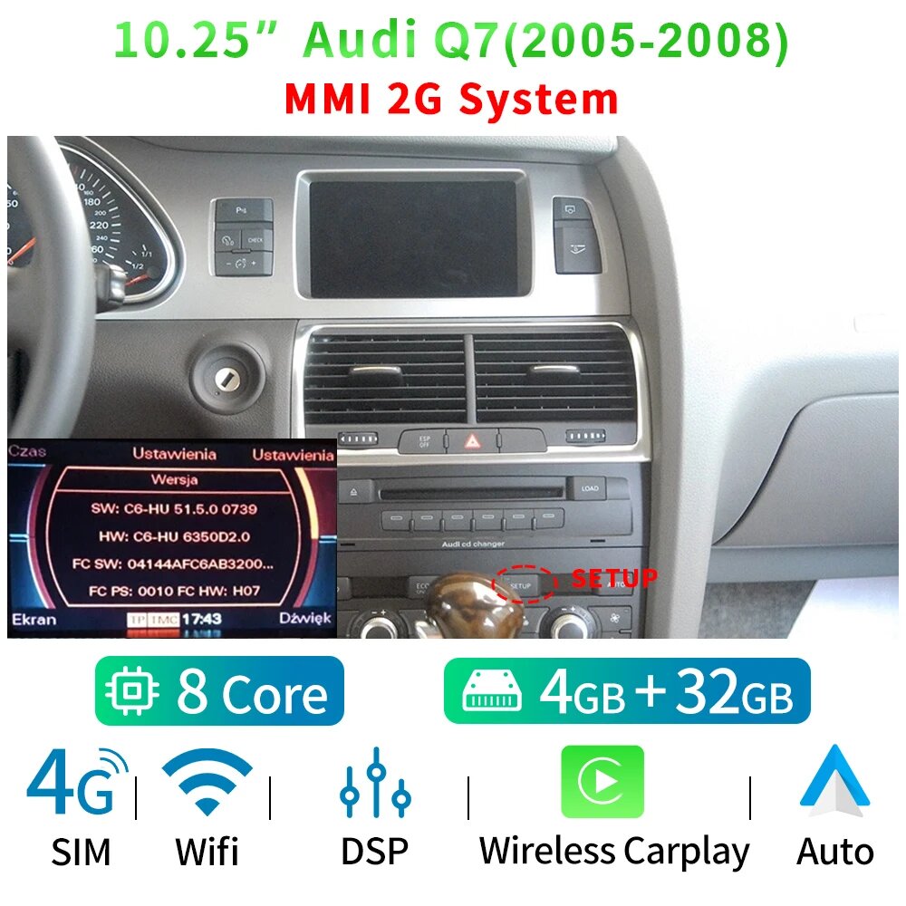 8-ядерный автомобильный радиопланшет системы Android 14 для Audi A6 C6 Q7 WIFI 4G Carplay 8 + 128 ГБ ОЗУ BT GPS Navi Стерео Мультимедийный плеер