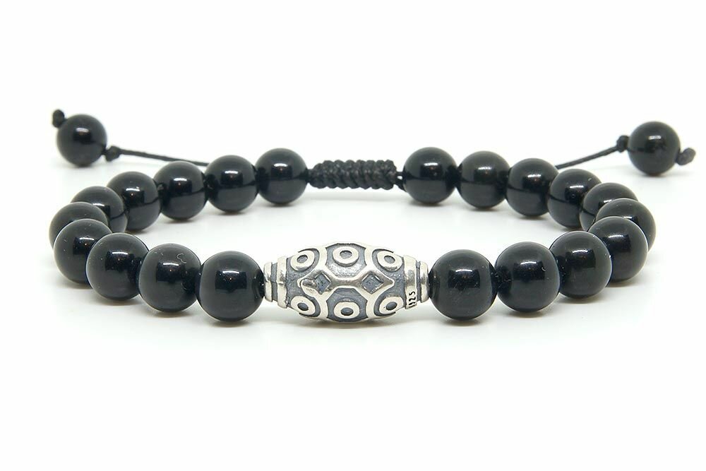 Бусина Дзи 12 глаз из серебра в браслете из обсидиана