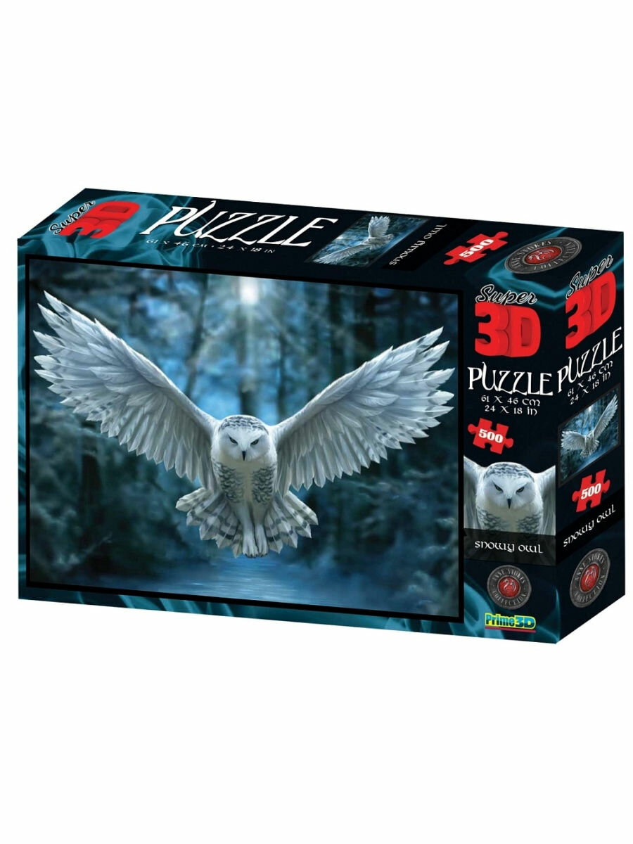 Пазл Prime 3D "Снежная сова", 500 деталей, 3D, белый/голубой