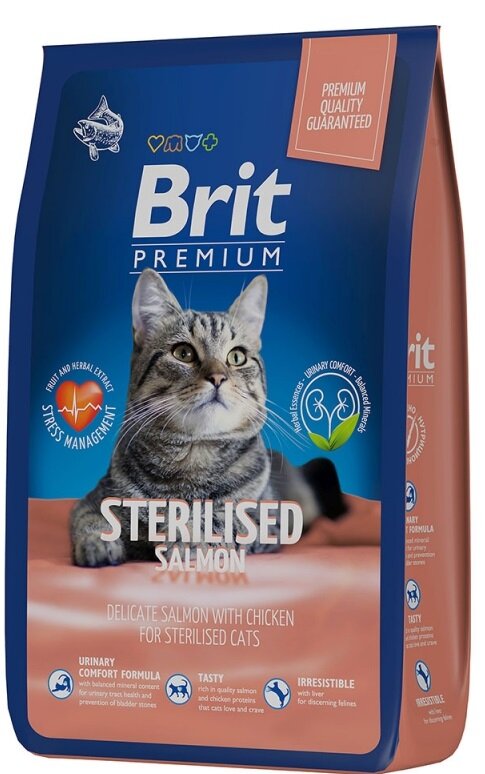 Сухой корм BRIT 8кг для кастрированных и стерилизованных кошек с лососем и курицей Cat Sterilised Premium
