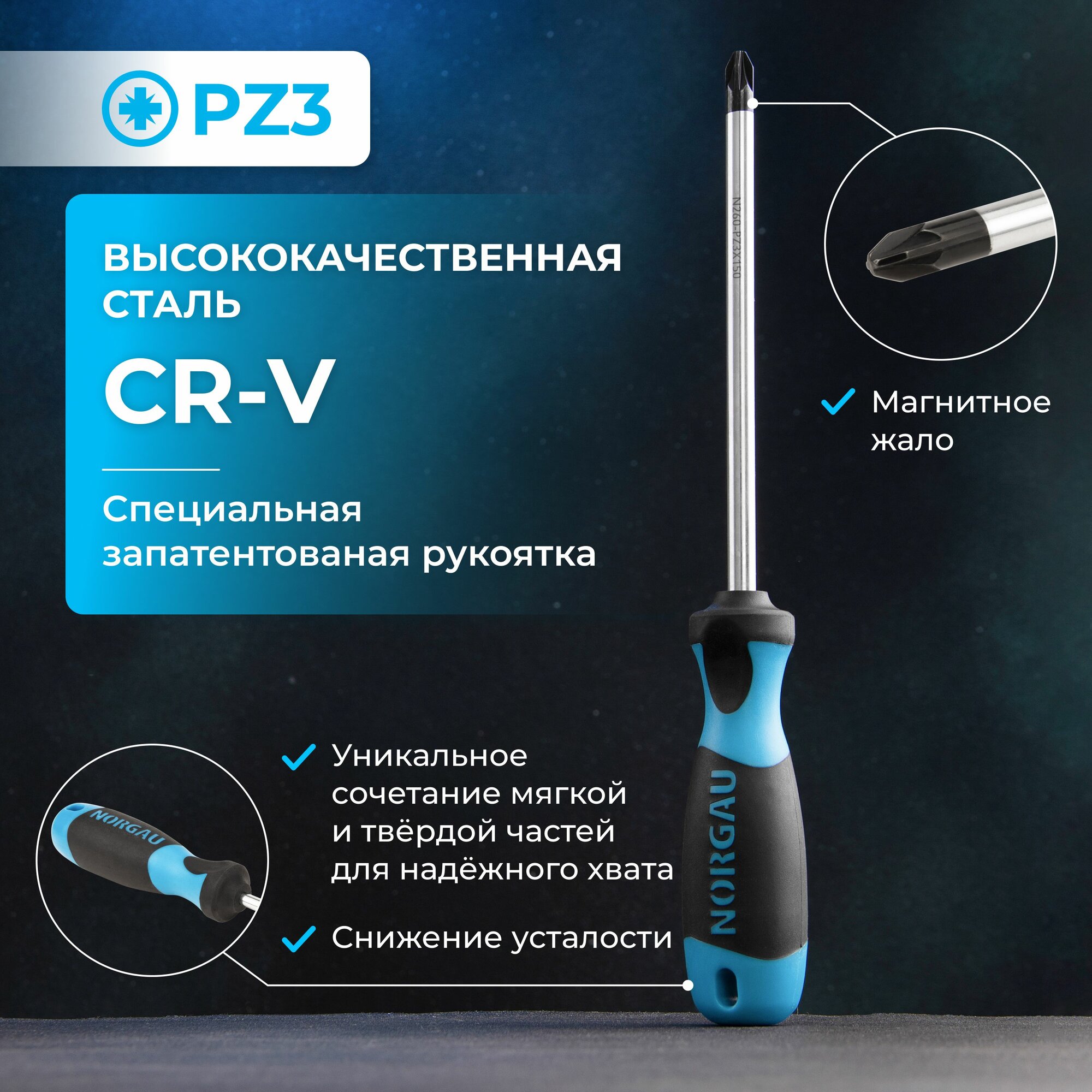 Отвертка Pozidriv NORGAU Industrial из стали CrV с запатентованной рукояткой и магнитным жалом PZ3