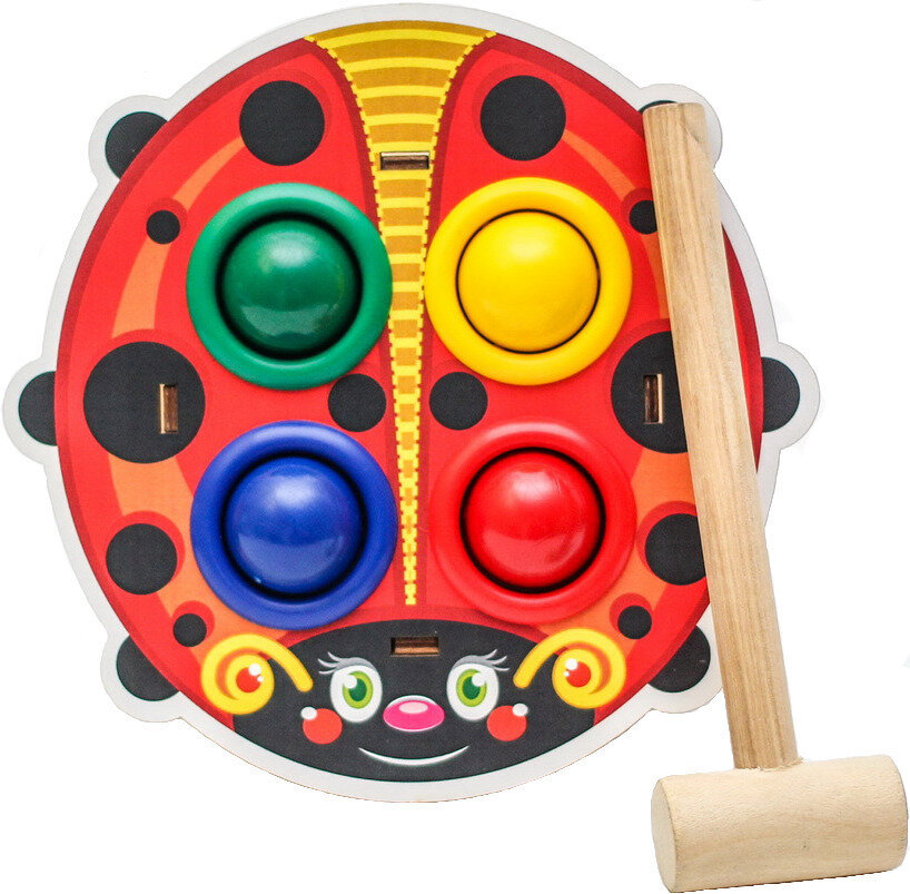Развивающая игра-сортер "Божья коровка", деревянная игрушка-стучалка с цветными шариками