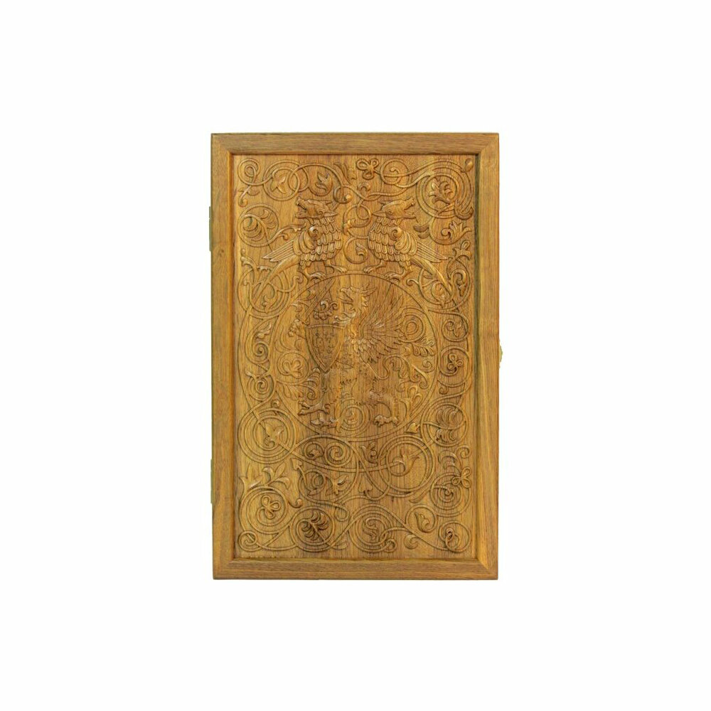 Резные дорожные нарды-шашки из массива чёрного дуба Грифон геральдический с треугольным щитом 36х46 см 999-163-14