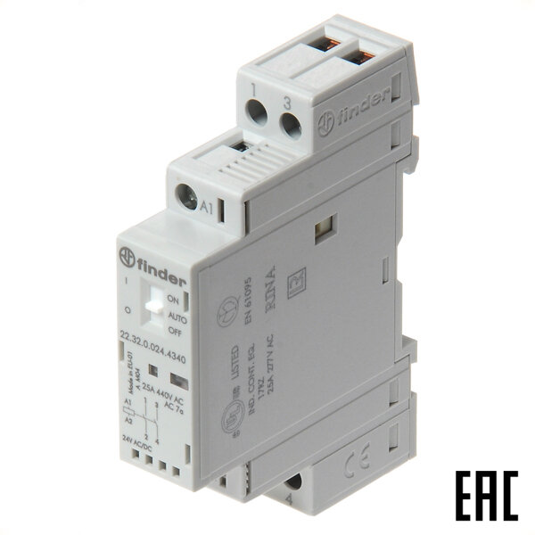 Контактор 22.32.0.024.4340 модульный 24В АС/DC 25А 2з серия 22 Finder