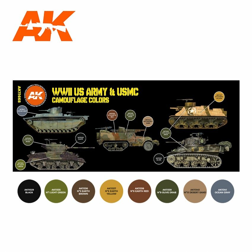 AK11668 набор акриловых красок ВМВ Американская бронетехника WWII US Army and Marine