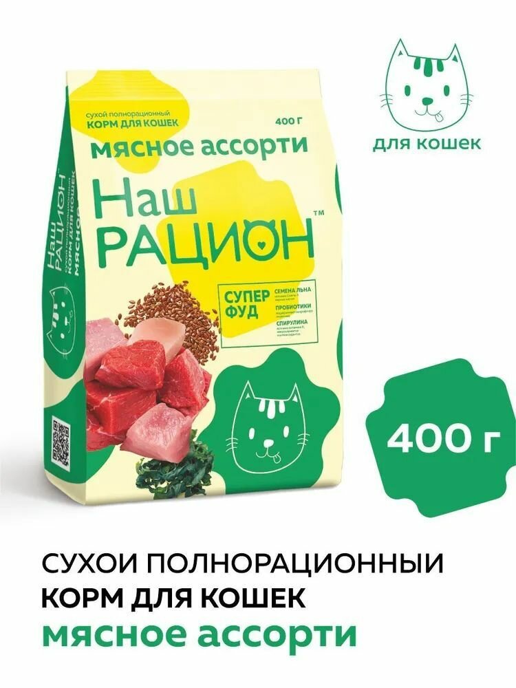 Корм Наш Рацион сухой для кошек Мясное ассорти (птица, говядина) 400г