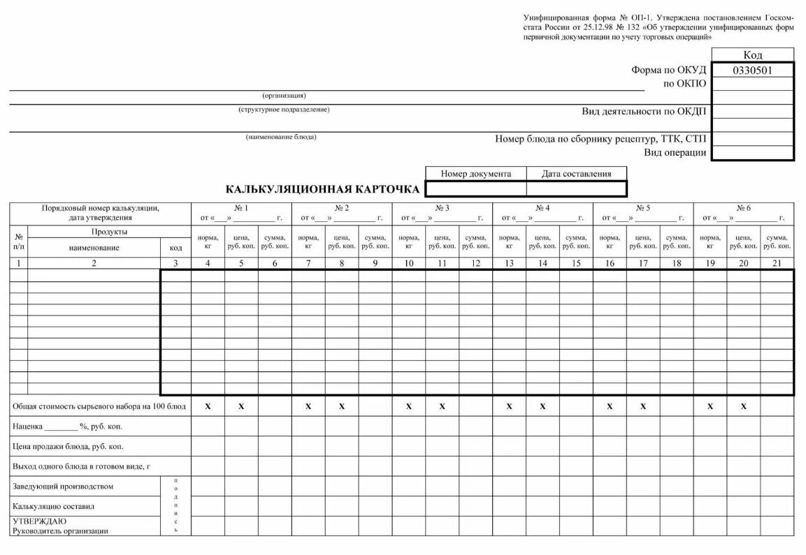 Калькуляционная карточка