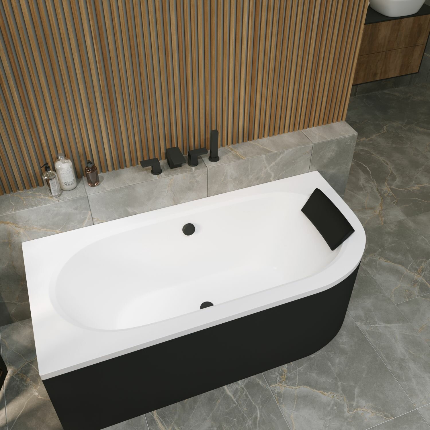 Ванна акриловая 160х75 Helmken Marbella Lux комплект 3 в 1: левосторонняя ванна, ножки, подголовник черного цвета