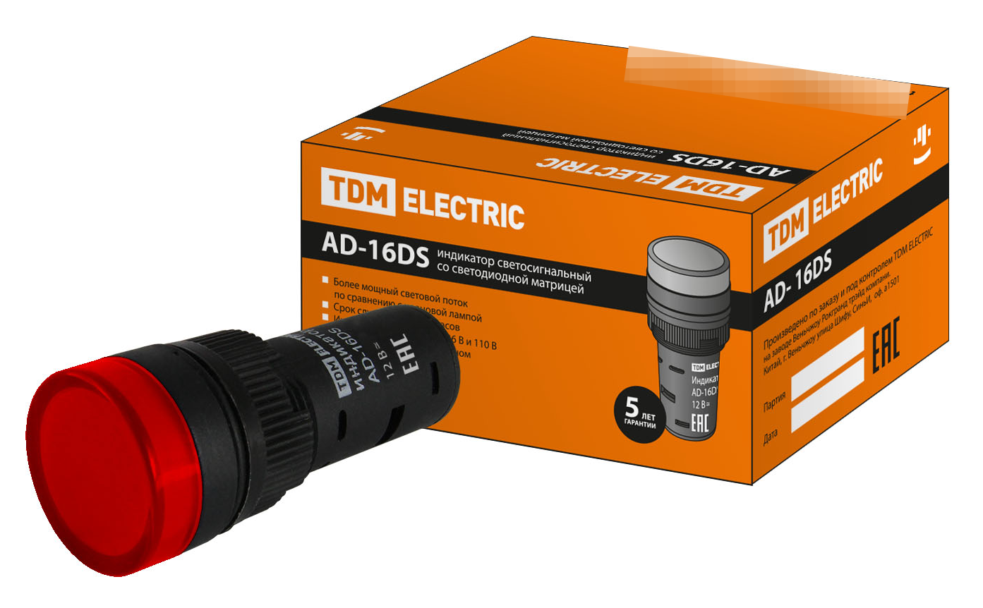 Лампа сигнальная индикаторная TDM Electric / ТДМ Электрик AD-16DS матрица светодиодная, красное свечение, диаметр отверстия 16мм, 12В, IP40 / индикатор