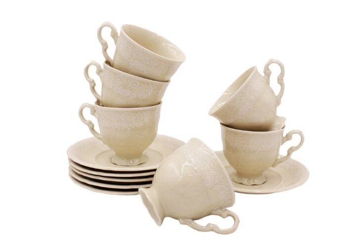 Набор кофейных пар 150 мл на 6 персон 12 предметов, Белый узор Слоновая кость, Соната 07560414-3001, Leander